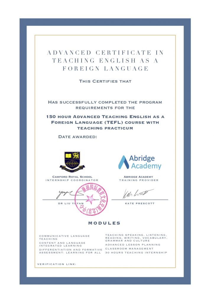 TEFL certificate template online with school logo – Abridge Academy